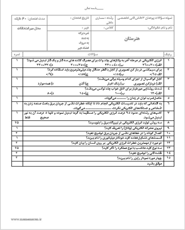 سوالات پودمان 3 دانش فنی تخصصی رشته معماری داخلی